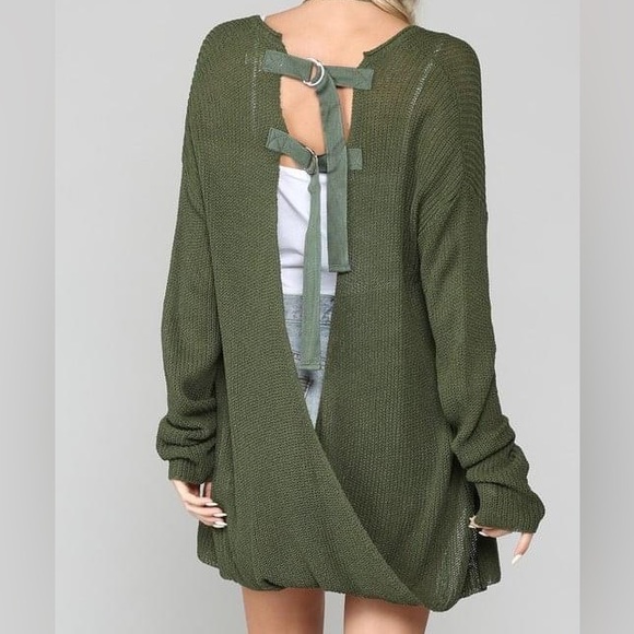 Sweaters | Long Sleeved Olive Cardigan With Open Back And Buckle Detail ...